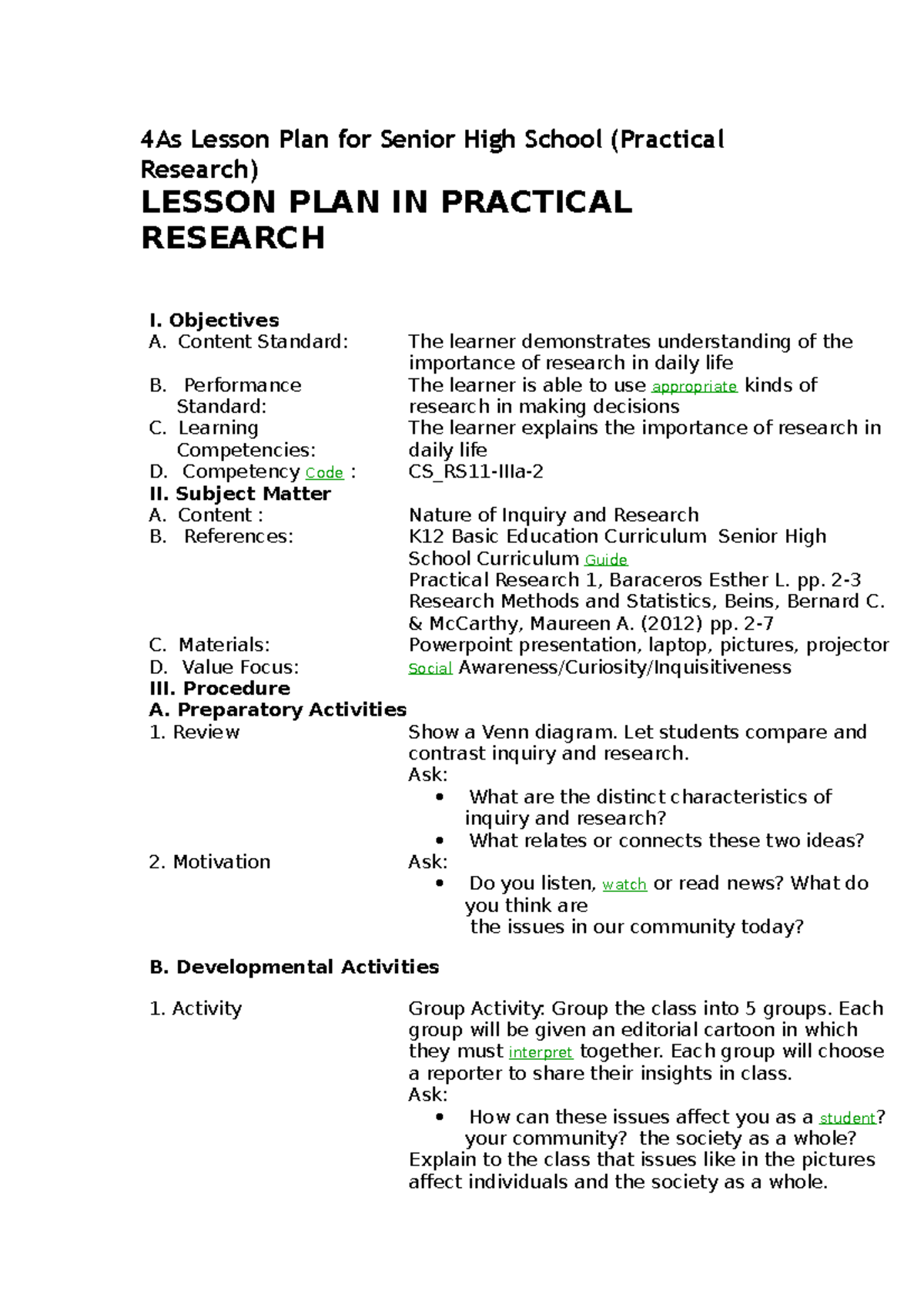 4As Lesson Plan: The Value of Research in Daily Life (PR 1) - Studocu