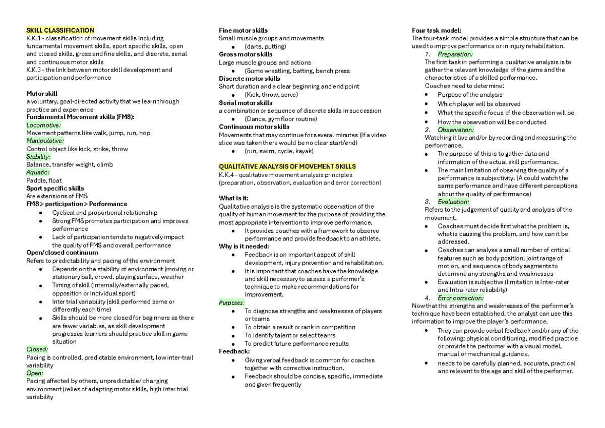 Unit 3 AOS 1 Study Notes: Skill Classification & Motor Development ...