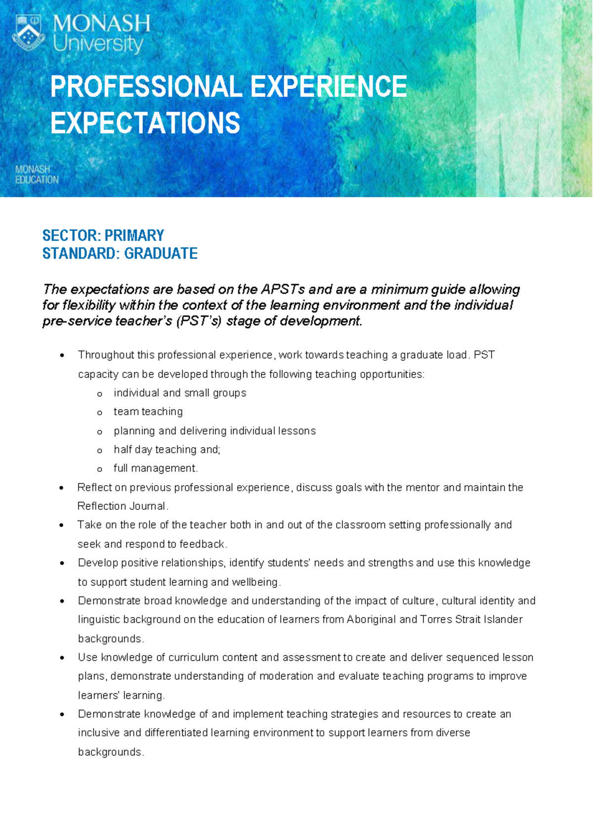Graduate Professional Experience Expectations: Primary Sector Guide ...