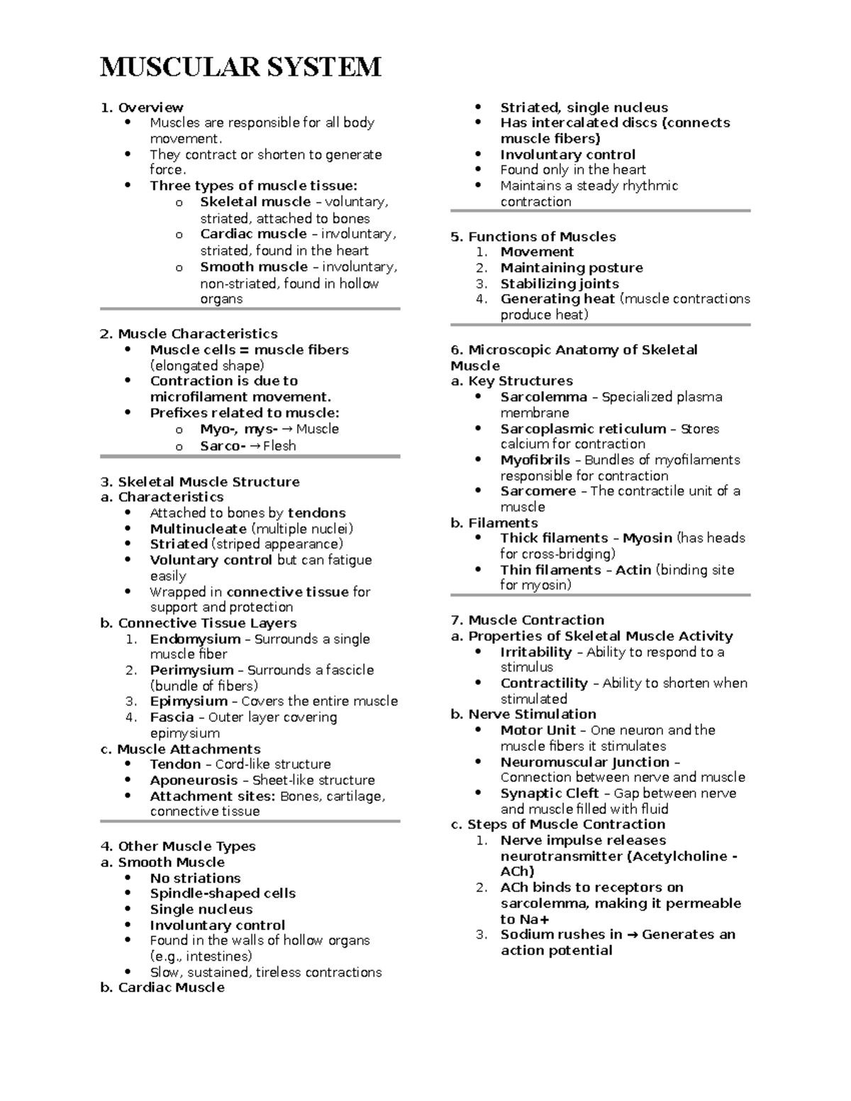 Muscular System Overview and Key Concepts - Notes for BIO 101 - Studocu