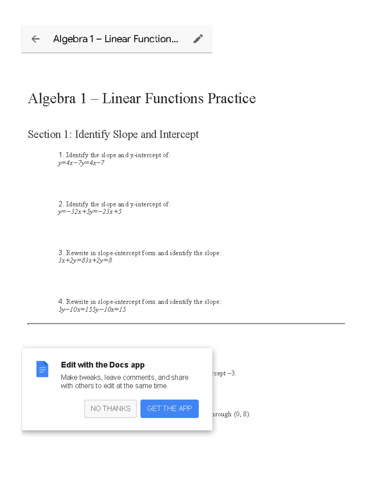 Algebra 1 - Linear Functions Practice: Slope, Intercepts & Equations ...