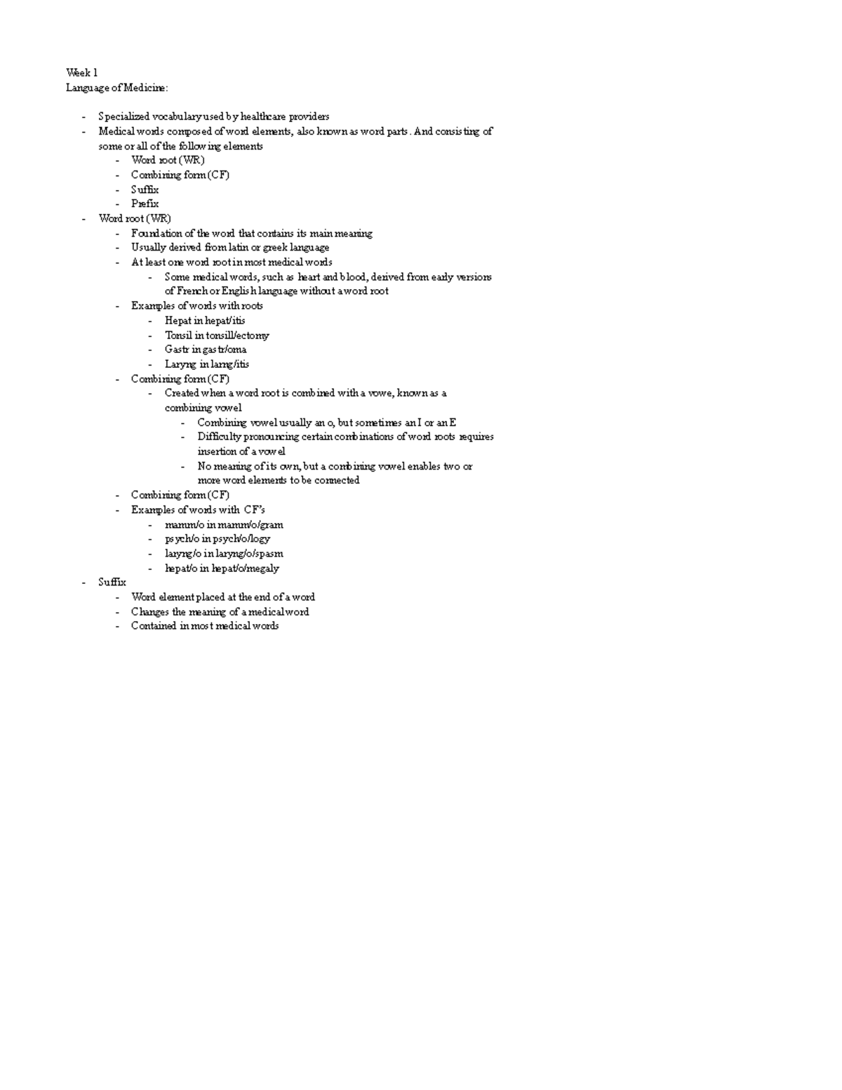 Medical Terminology Notes - Introduction to Word Elements and Usage ...