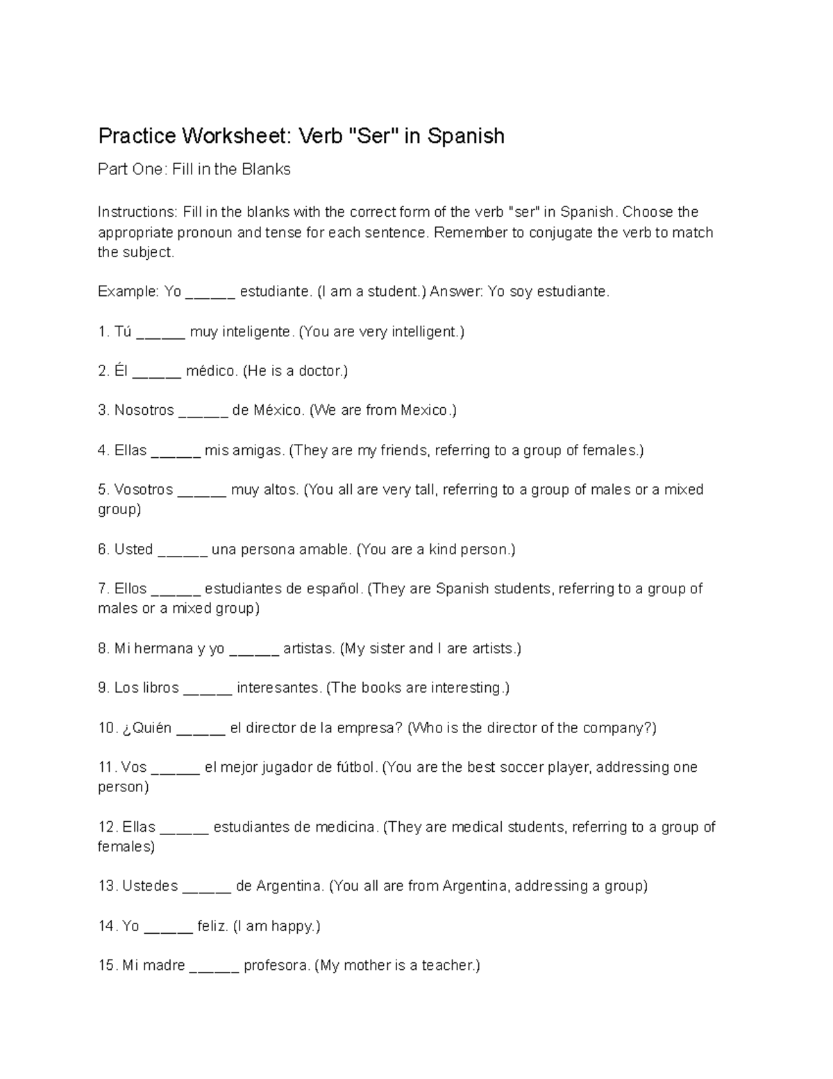Spanish - Verb "Ser" Practice Worksheet and Answer Key - Studocu