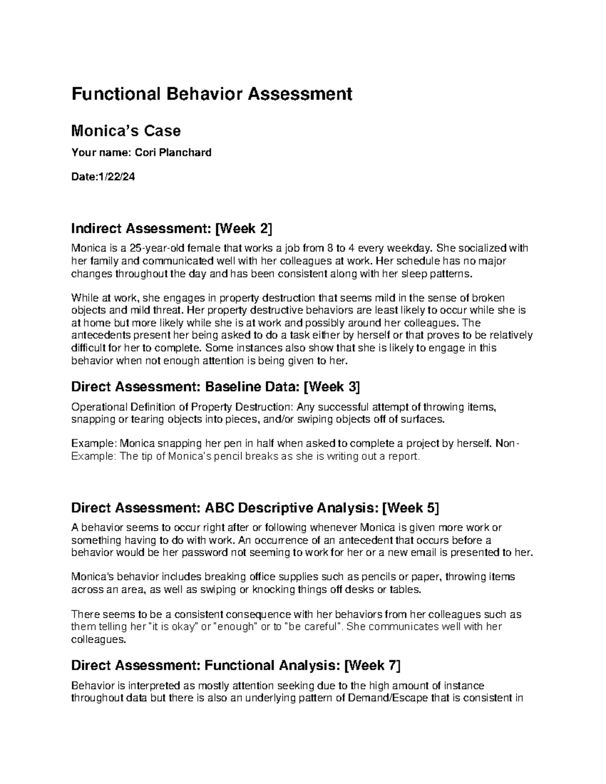 CF FBA Final Draft: Monica's Functional Behavior Assessment Analysis ...