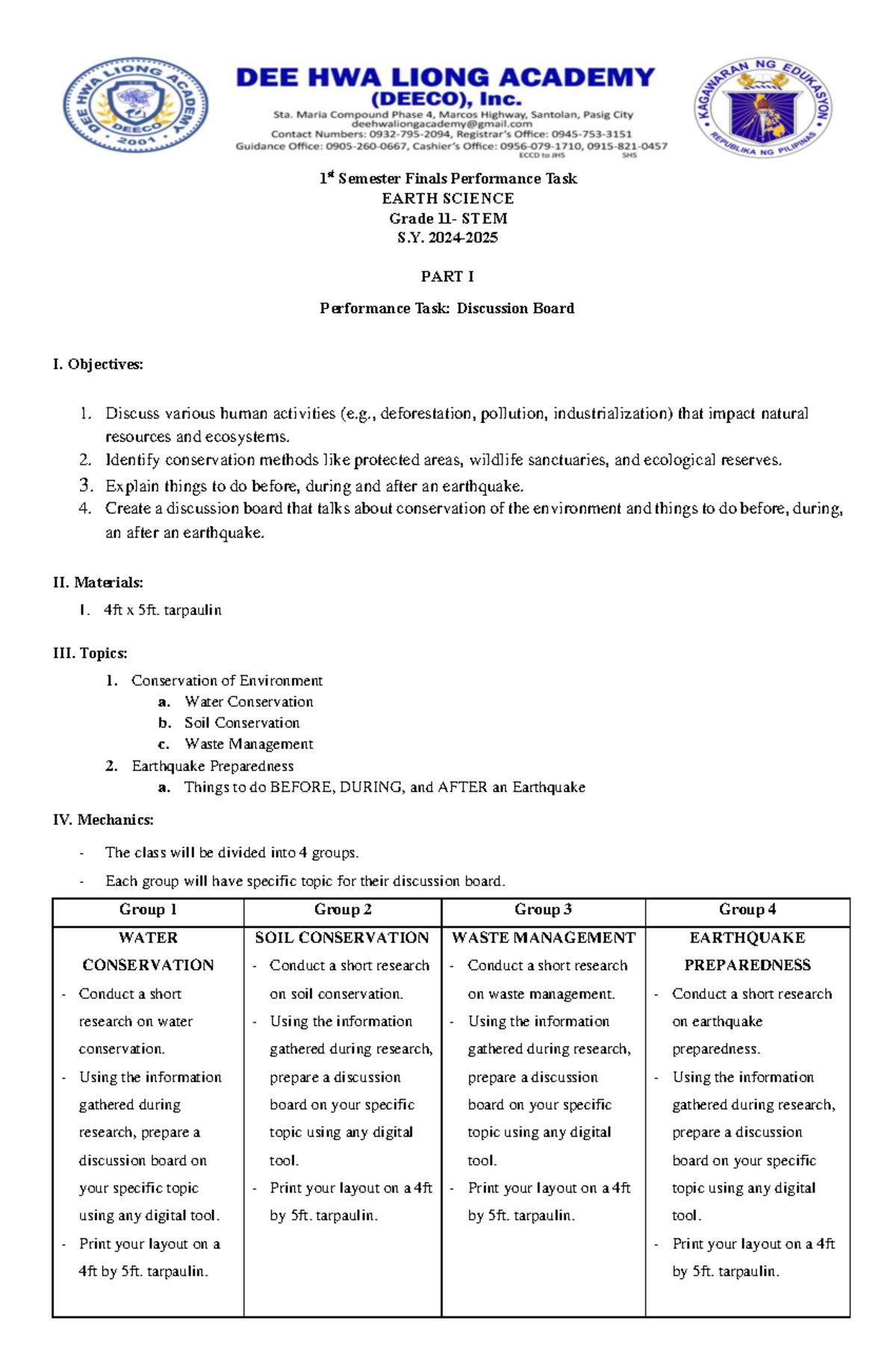 Earth Science Performance TASK Finals - 1 st Semester Finals ...