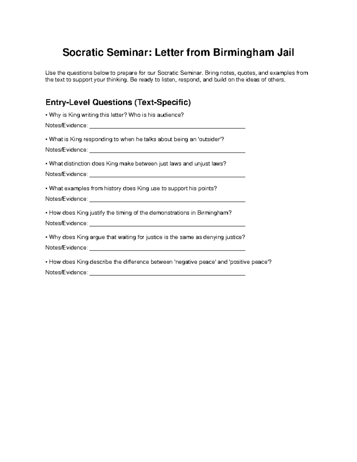 Socratic Seminar Prep: Analyzing King's Letter from Birmingham Jail ...