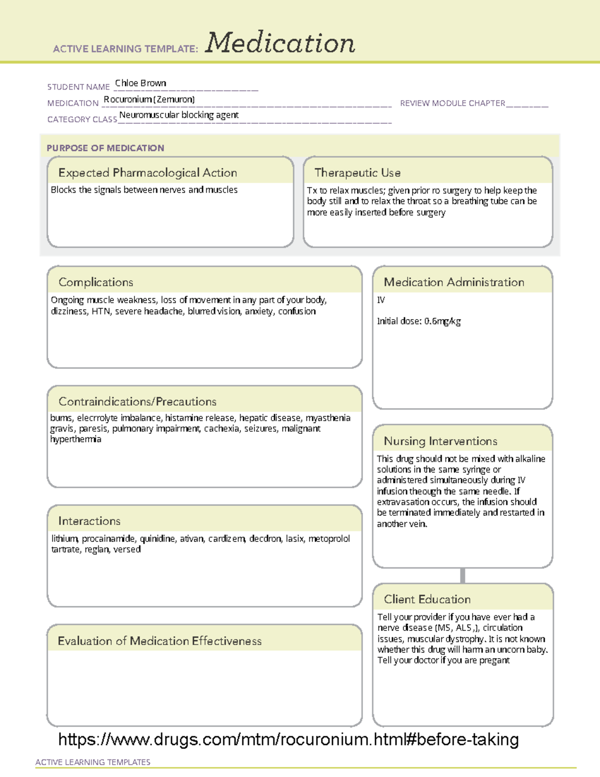 Rocuronium Medication Card - Active Learning Template for Students ...