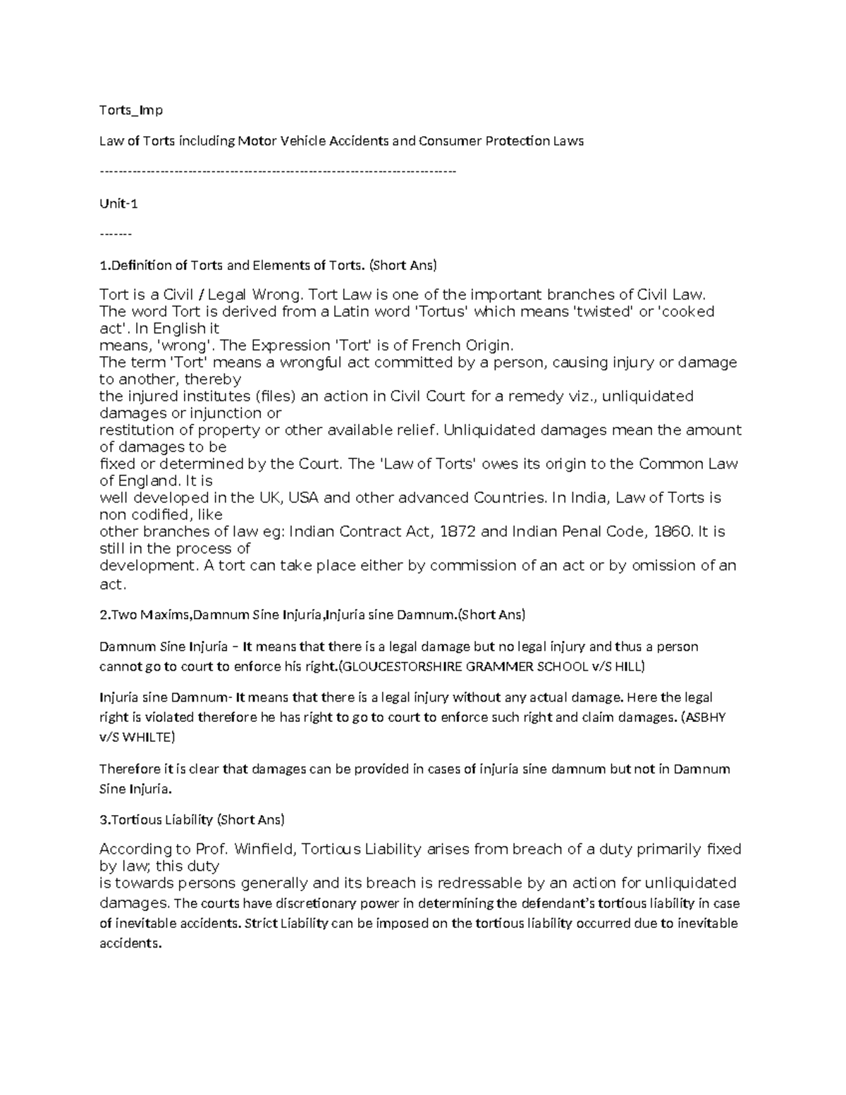 Tort IMP ANS - Llb notes - Torts_Imp Law of Torts including Motor ...