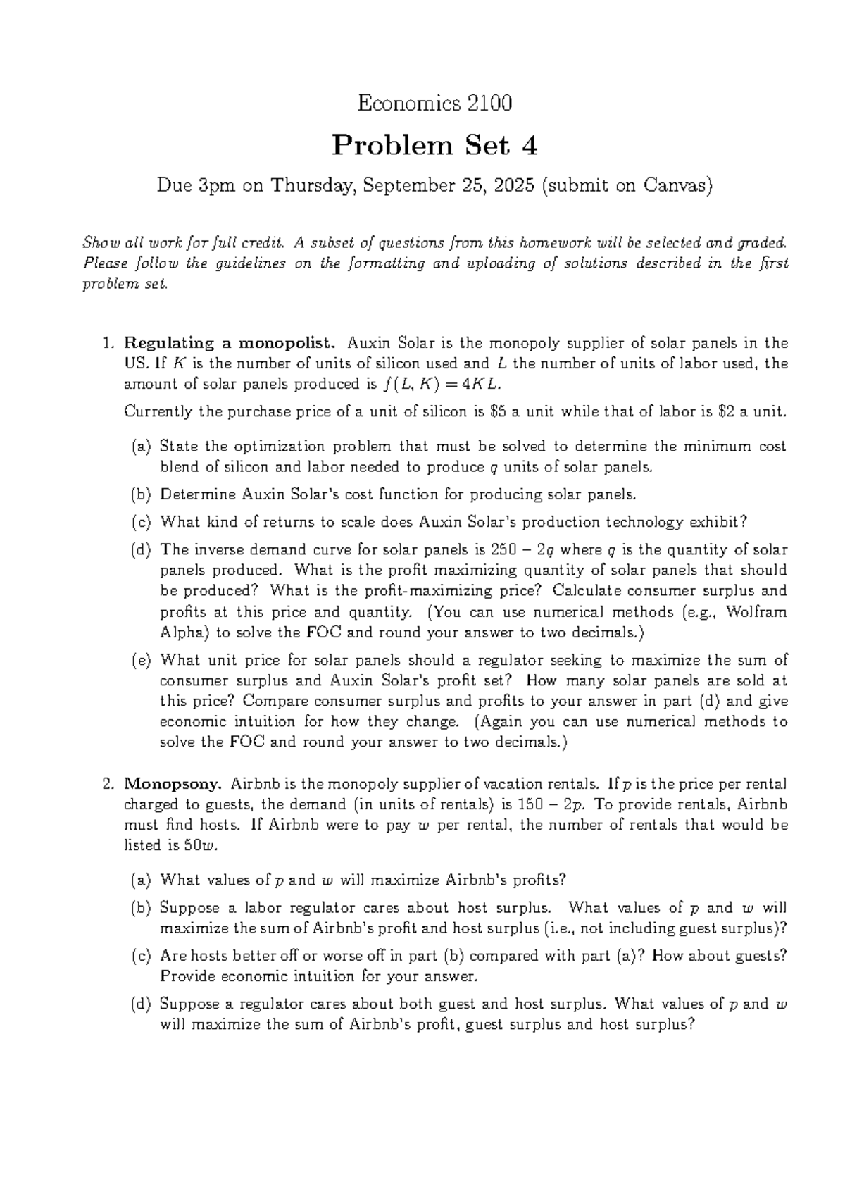 Economics 2100 Problem Set 4: Monopolies & Monopsonies Analysis - Studocu