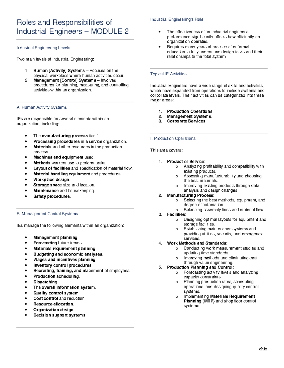 Module 2 - Industrial Engineers' Roles & Responsibilities Lesson - Studocu