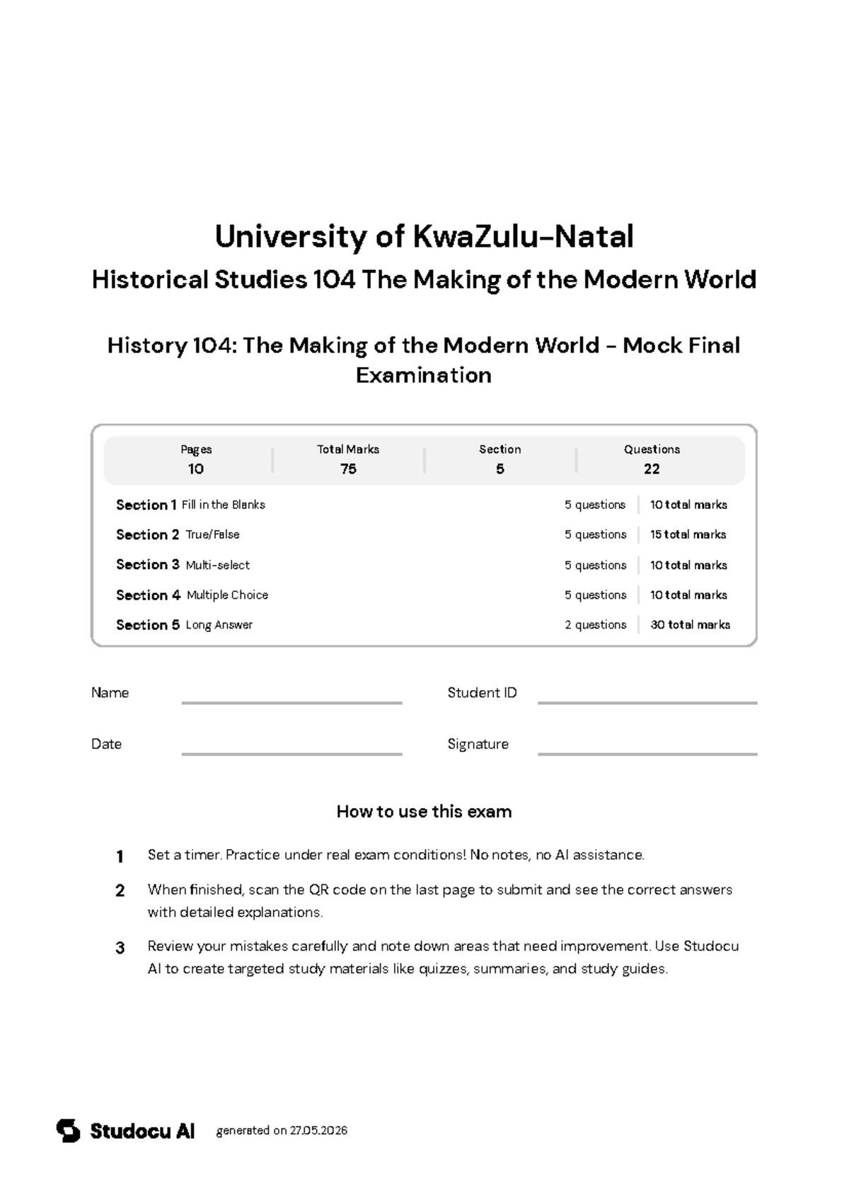 History 104: The Making of the Modern World Mock Final Exam - Studocu