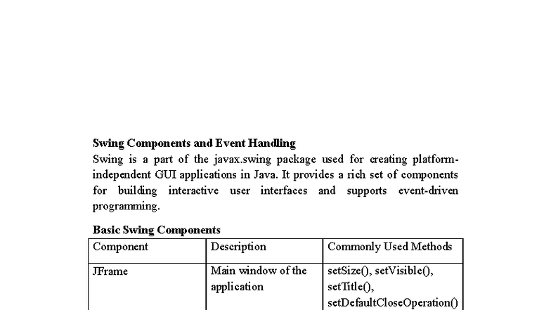 Java GUI: Swing Components & Event Handling Overview - Studocu