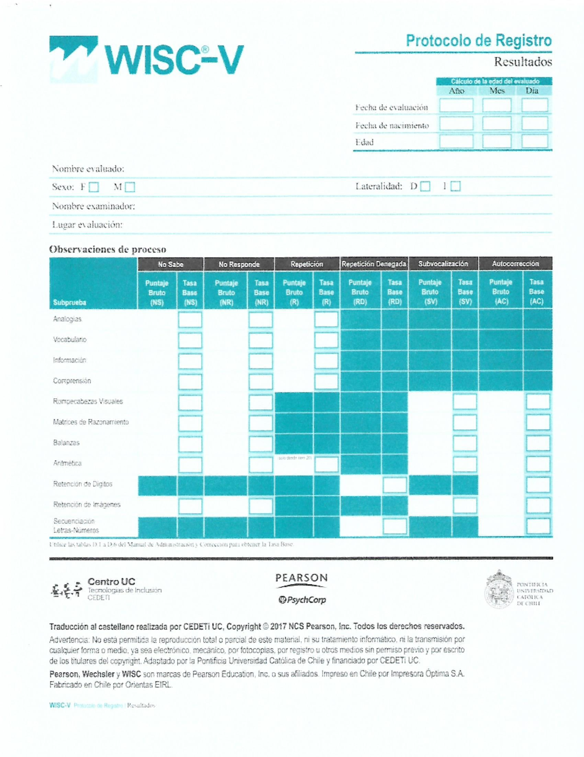 Protocolo DE Registro WISC V - Psicopatología II - Studocu