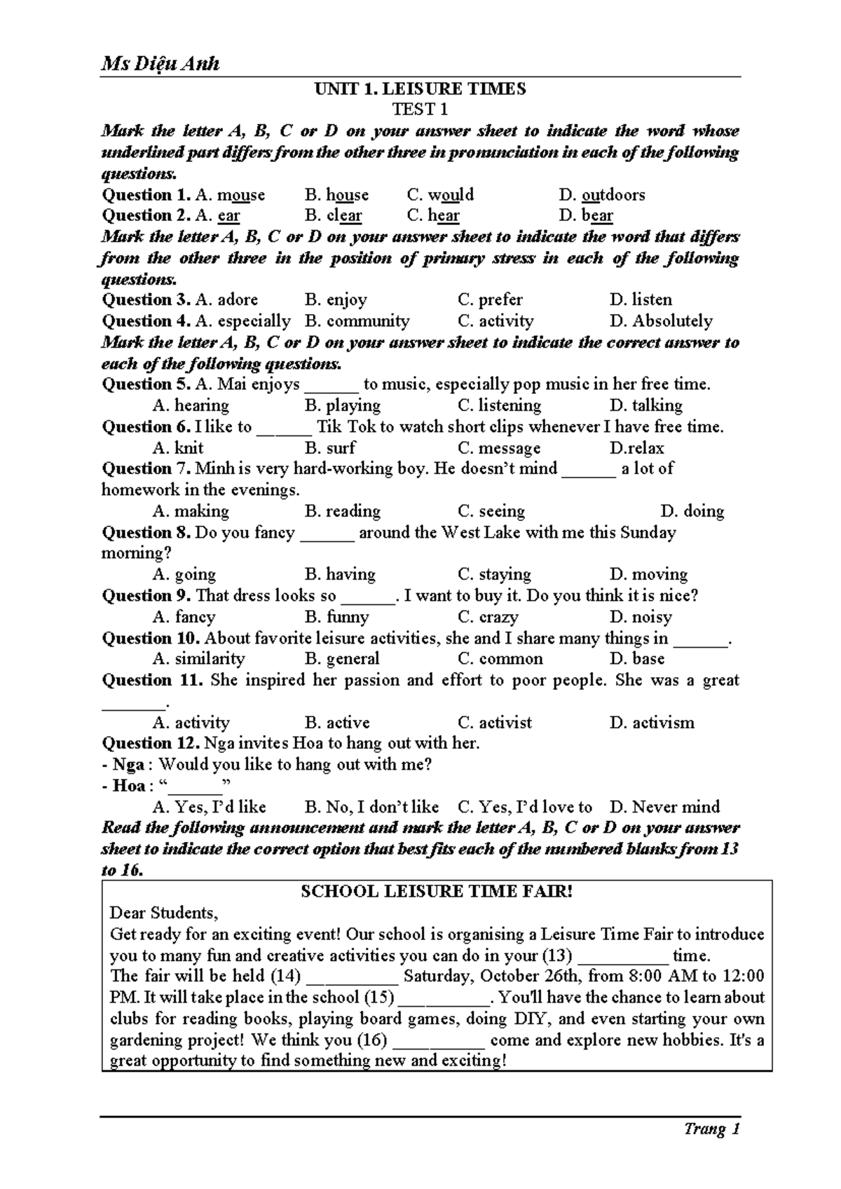 UNIT 1 - HS-2 - LEISURE TIMES TEST 1 & 2 - Studocu