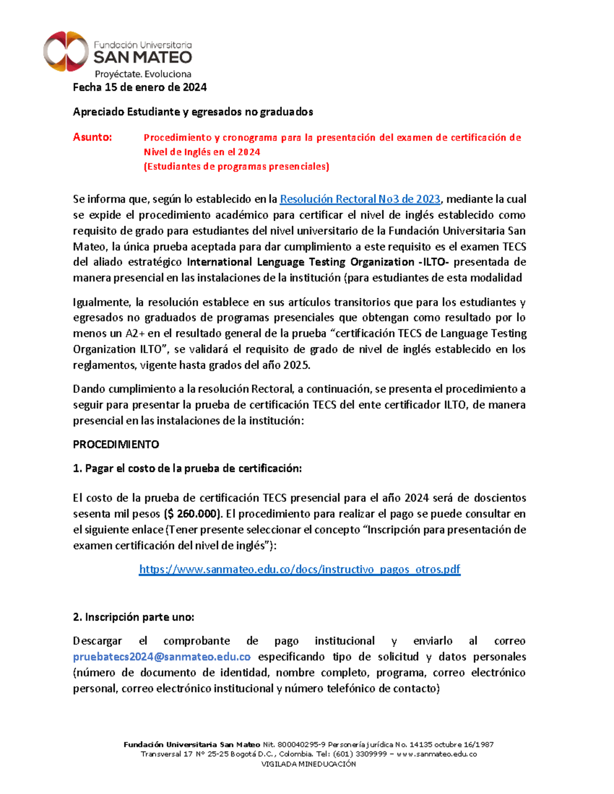 Comunicado ingles presencial - Fundación Universitaria San Mateo Nit ...