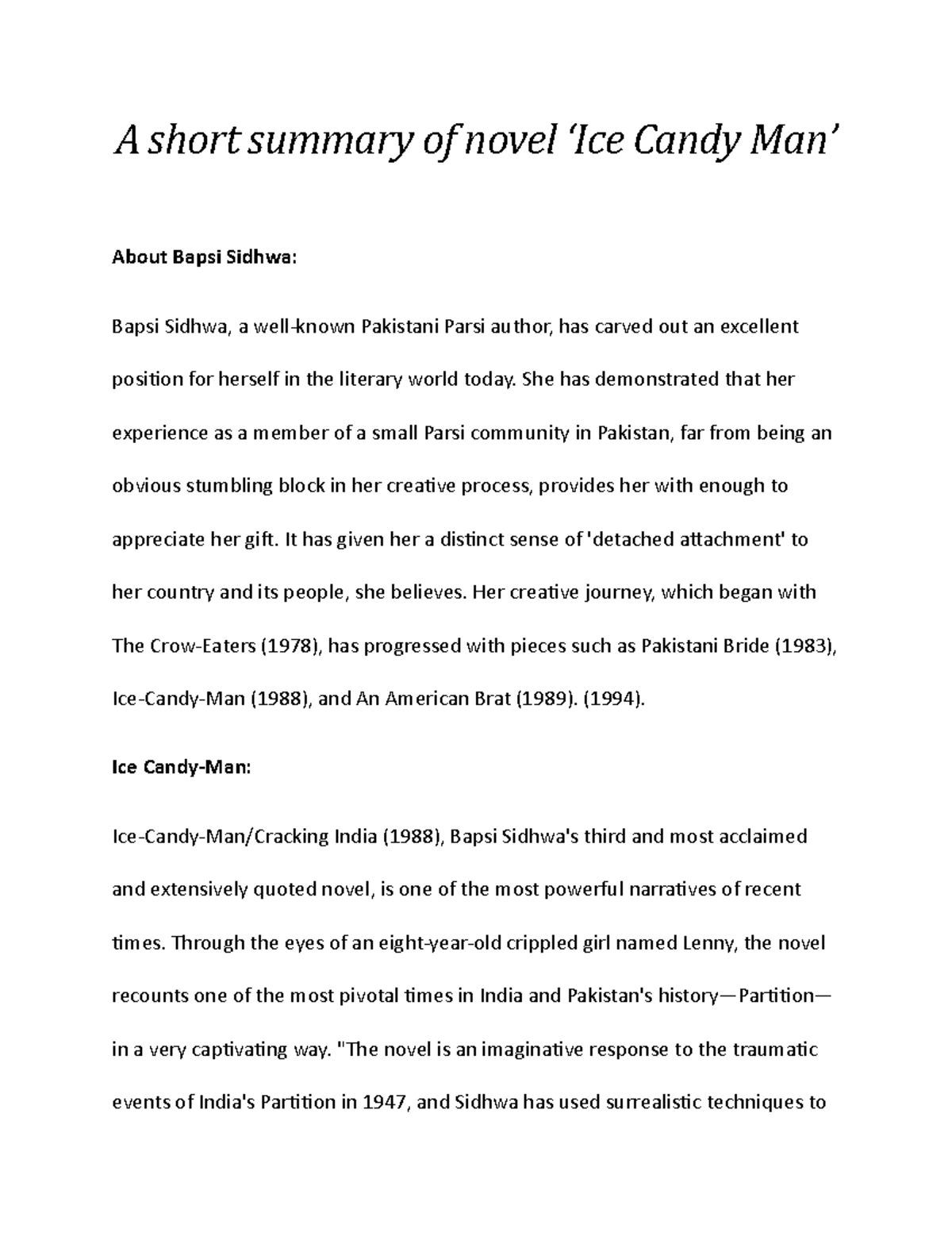 Summary and Analysis of Bapsi Sidhwa's Novel "Ice Candy Man" - Studocu
