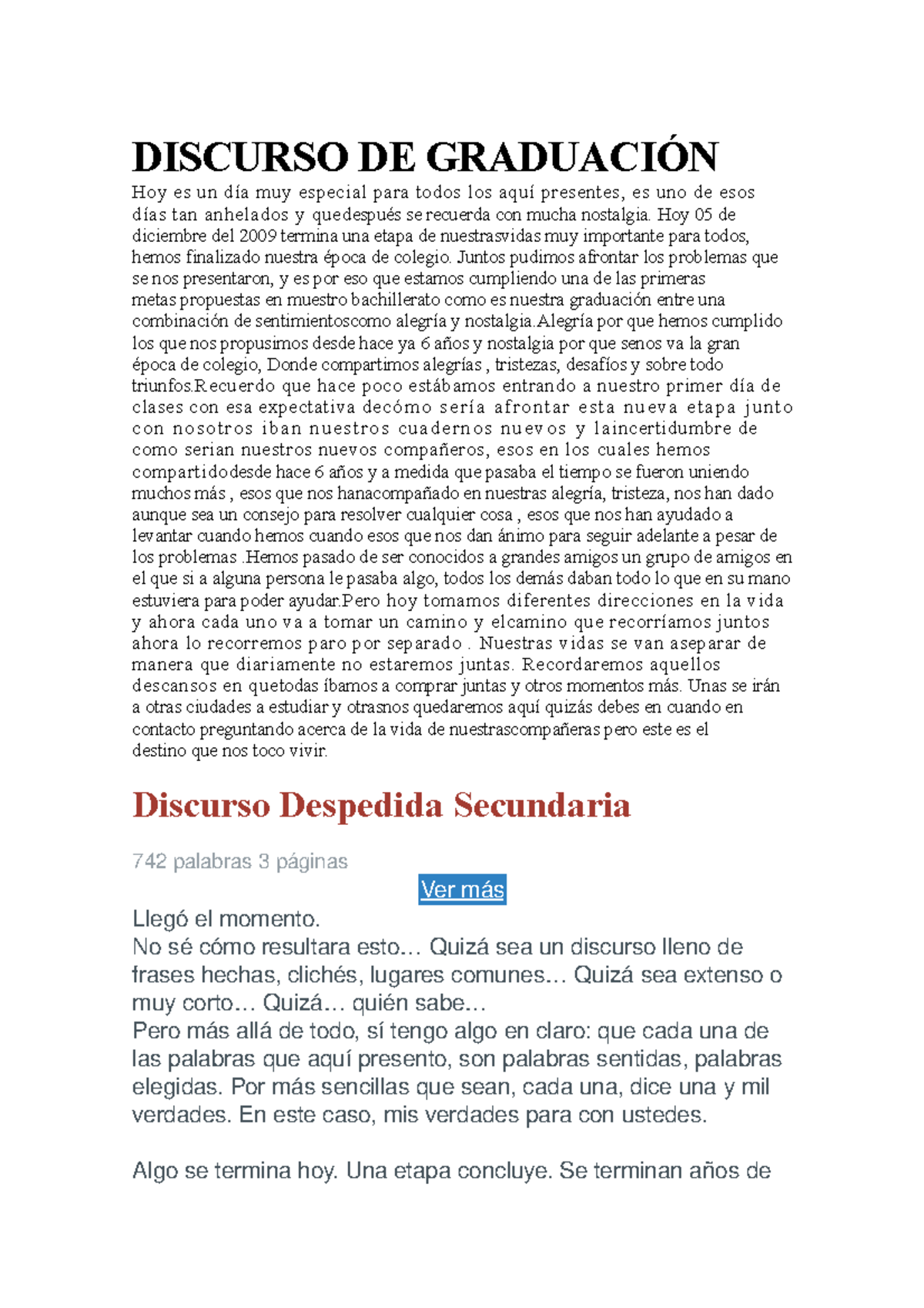Discurso De Graduación De La Escuela Secundaria