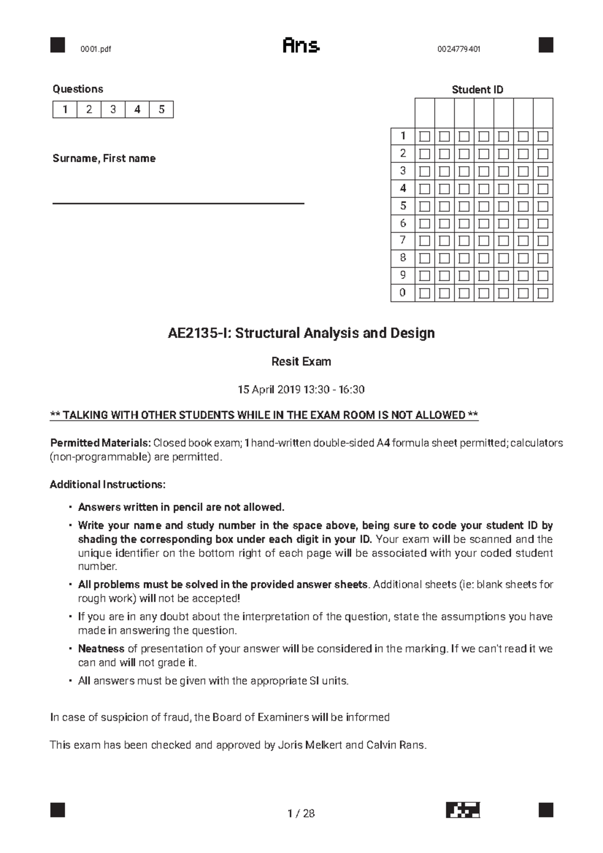15042019 AE2135-I Structural Analysis Resit Exam Solutions - Studeersnel