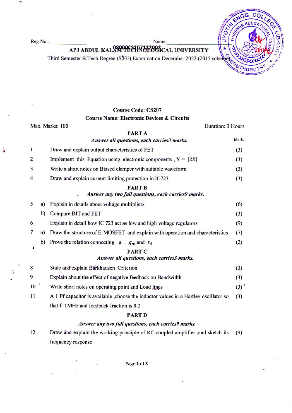 CS207 Final Exam: Electronic Devices & Circuits - Dec 2022 - Studocu