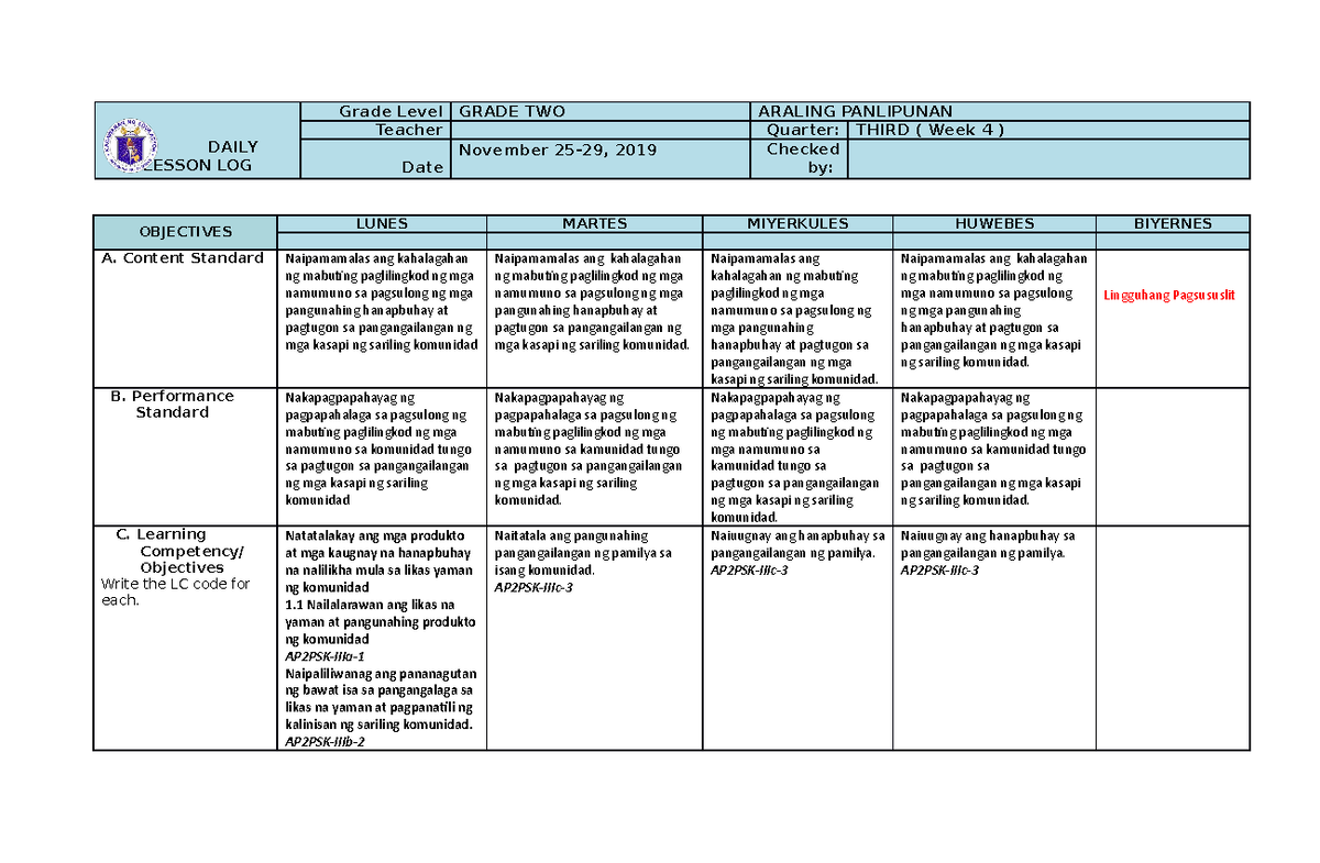 AP 2 Q3 Week 5 DLL - Grade 2 Araling Panlipunan Lesson Log - Studocu