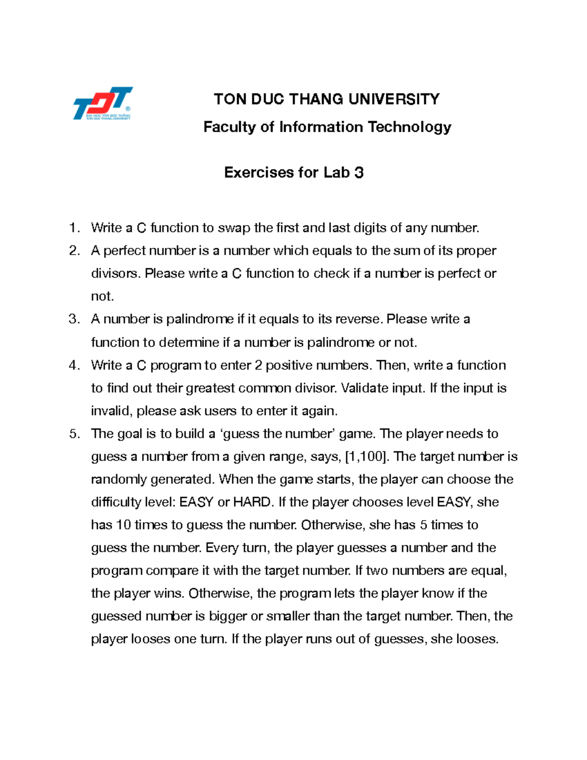 Lab 3 Exercises - C Functions & Game Implementation - 123 - Studocu