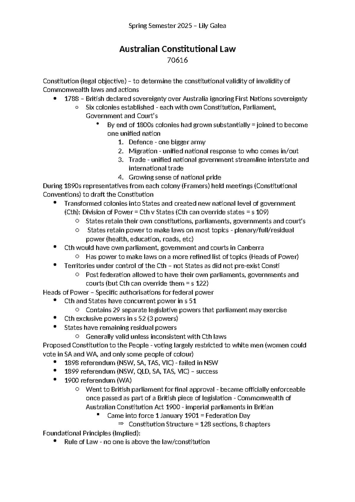 Australian Constitutional Law Notes (70616) - Spring Semester 2025 ...