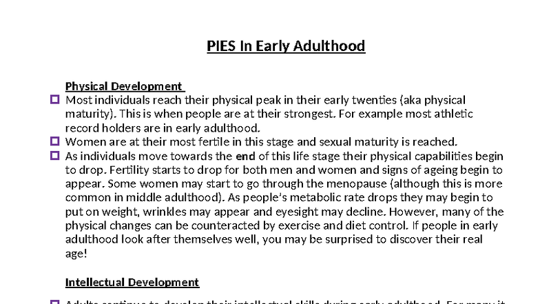 Early Adulthood PIES: Physical, Intellectual, Emotional, Social ...