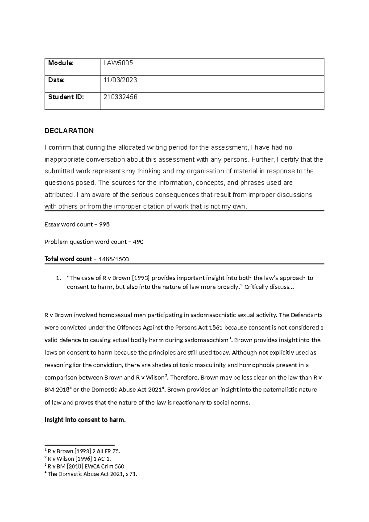 R v Brown [1993]: Consent to Harm & Legal Implications Essay - Studocu