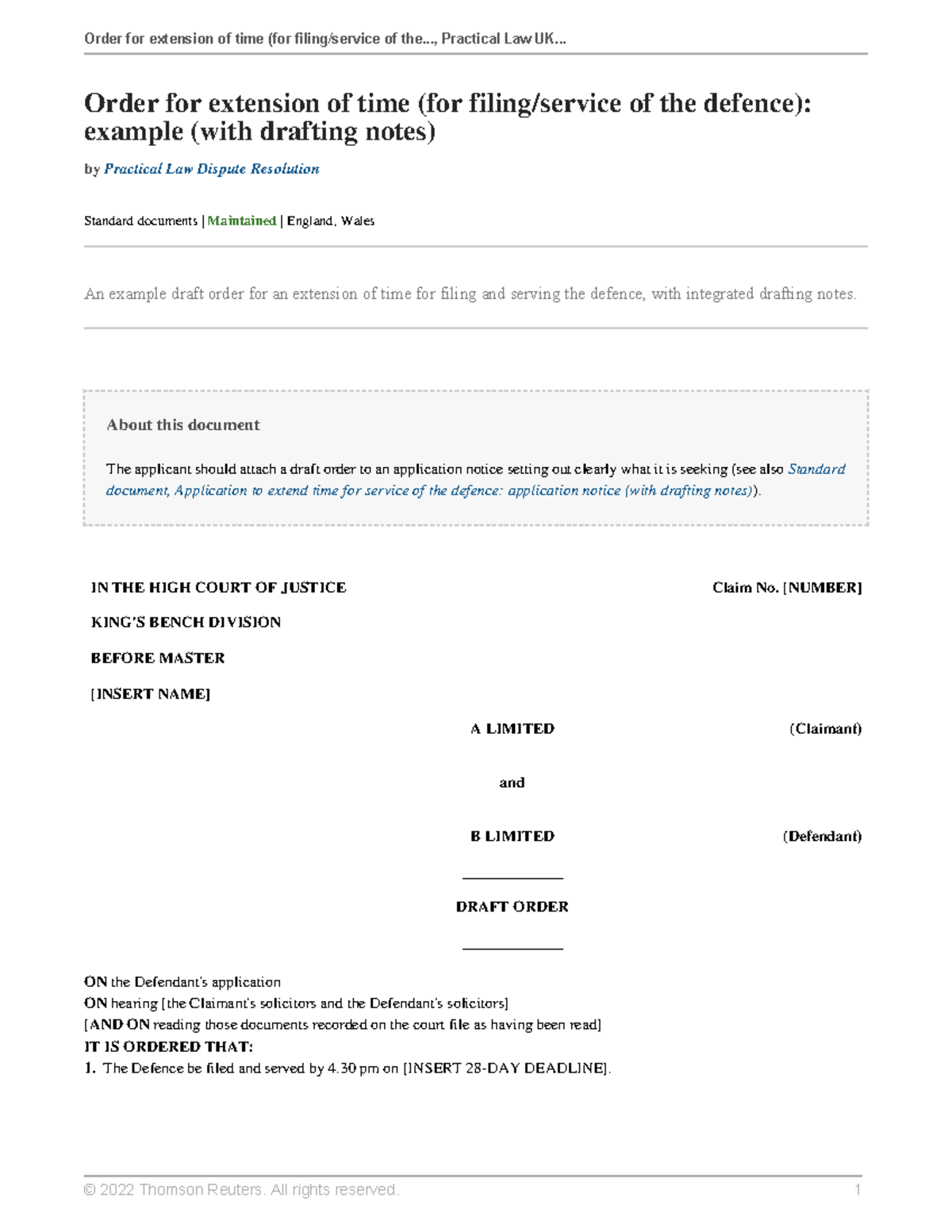 Order for Extension of Time for Filing Defence: Draft Example with ...