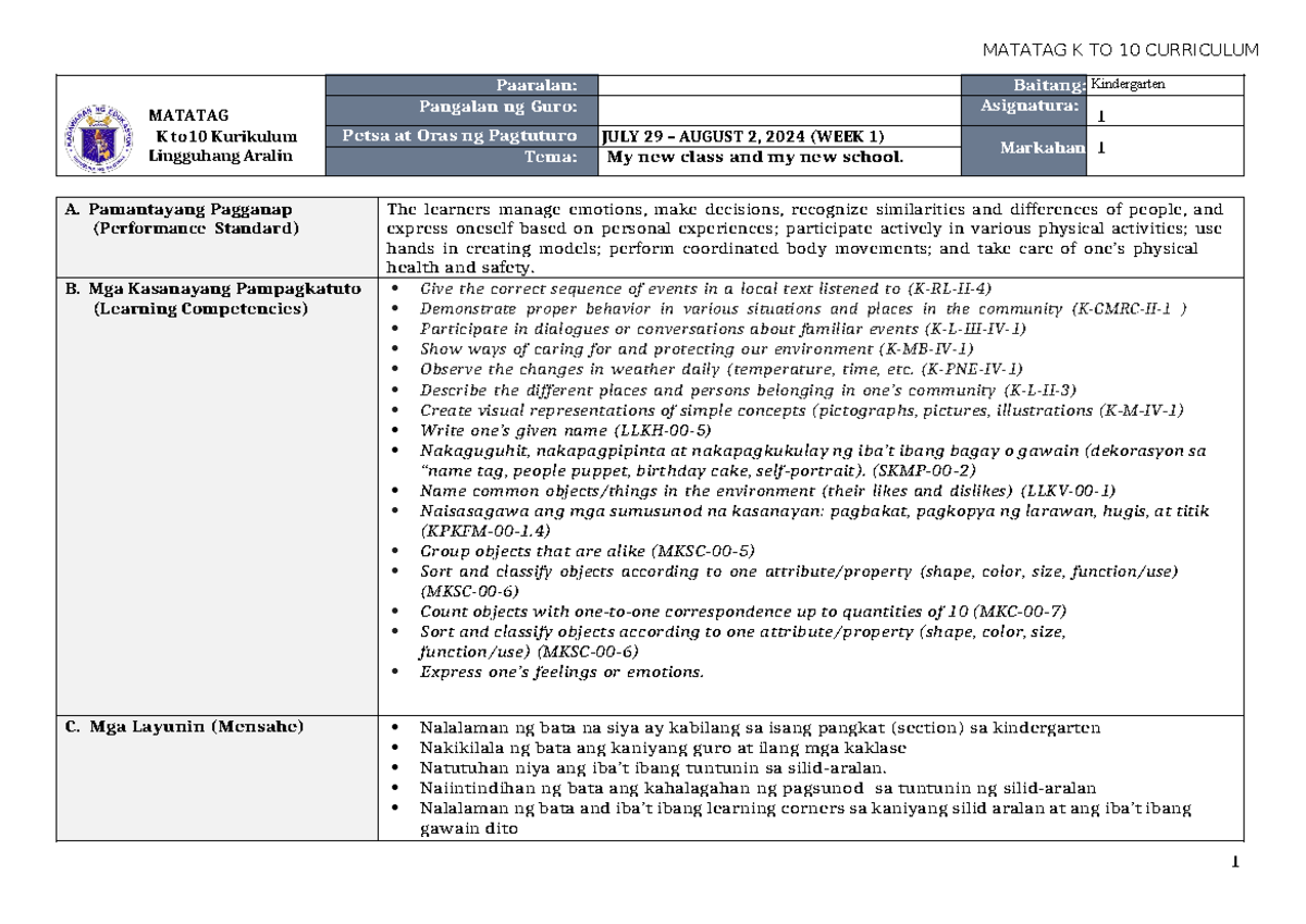 DLL Matatag Kindergarten 1st Quarter Week 1 Lesson Plan - Studocu