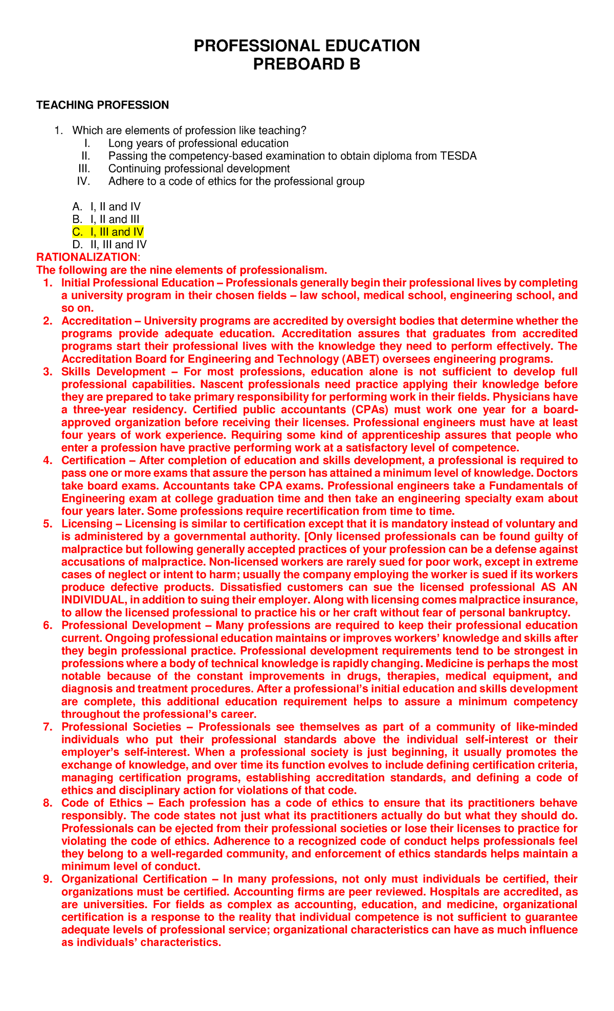 PROFESSIONAL EDUCATION PREBOARD B: ELEMENTS OF TEACHING PROFESSION ...