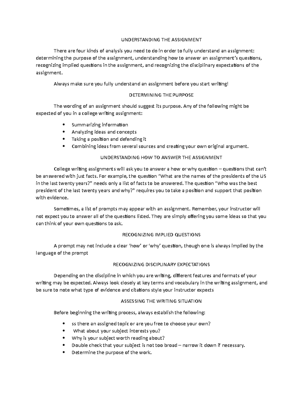 ENG110 Unit 1 About Writing A Guide - UNDERSTANDING THE ASSIGNMENT There are four kinds of ...