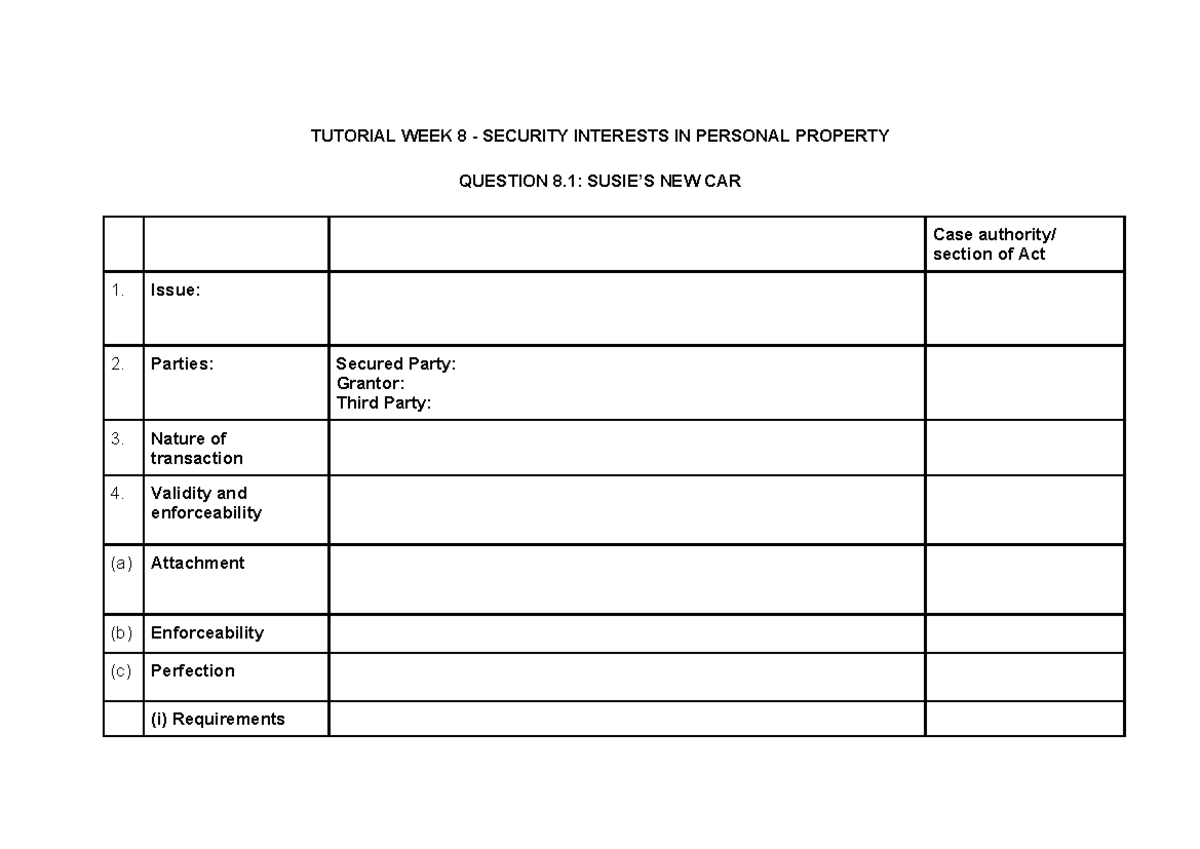LLB204 - Tutorial Week 8 - Security Interests in Personal Property ...