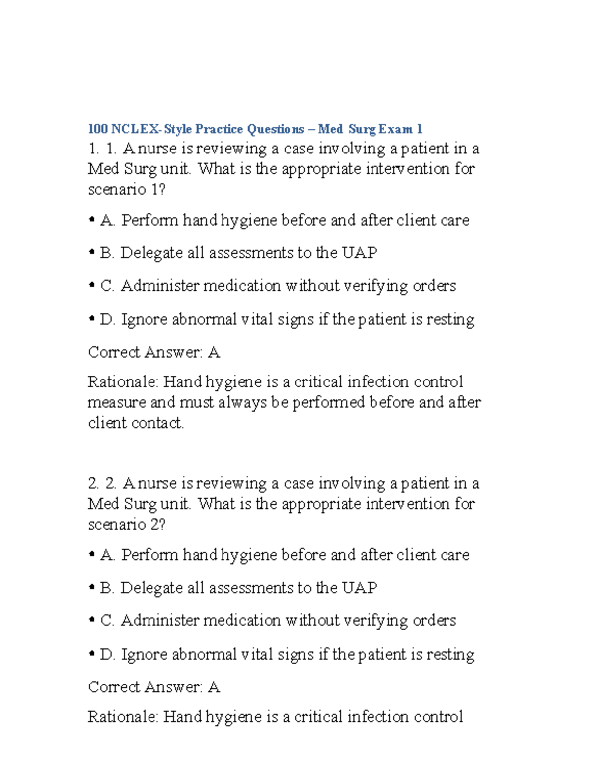 100 NCLEX Style Practice Questions for Med Surg Exam 1 - Studocu