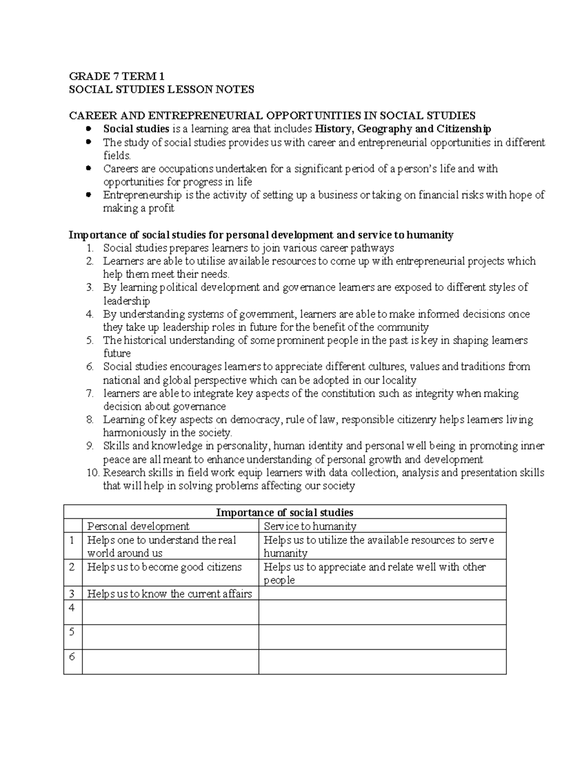 GRADE 7 TERM 1 SOCIAL STUDIES LESSON NOTES: CAREER & ENTREPRENEURIAL ...