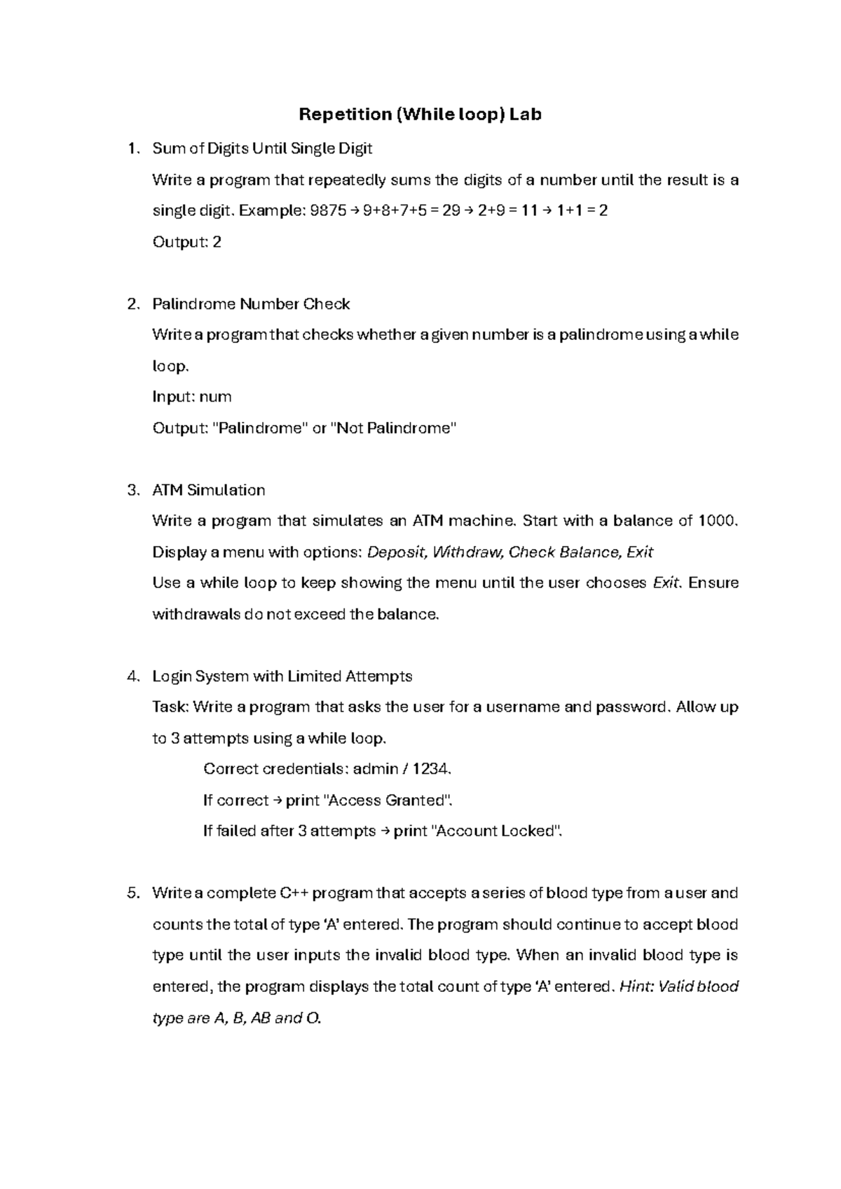 CS101 Lab 1: While Loop Exercises on Sum, Palindrome, ATM & Login - Studocu