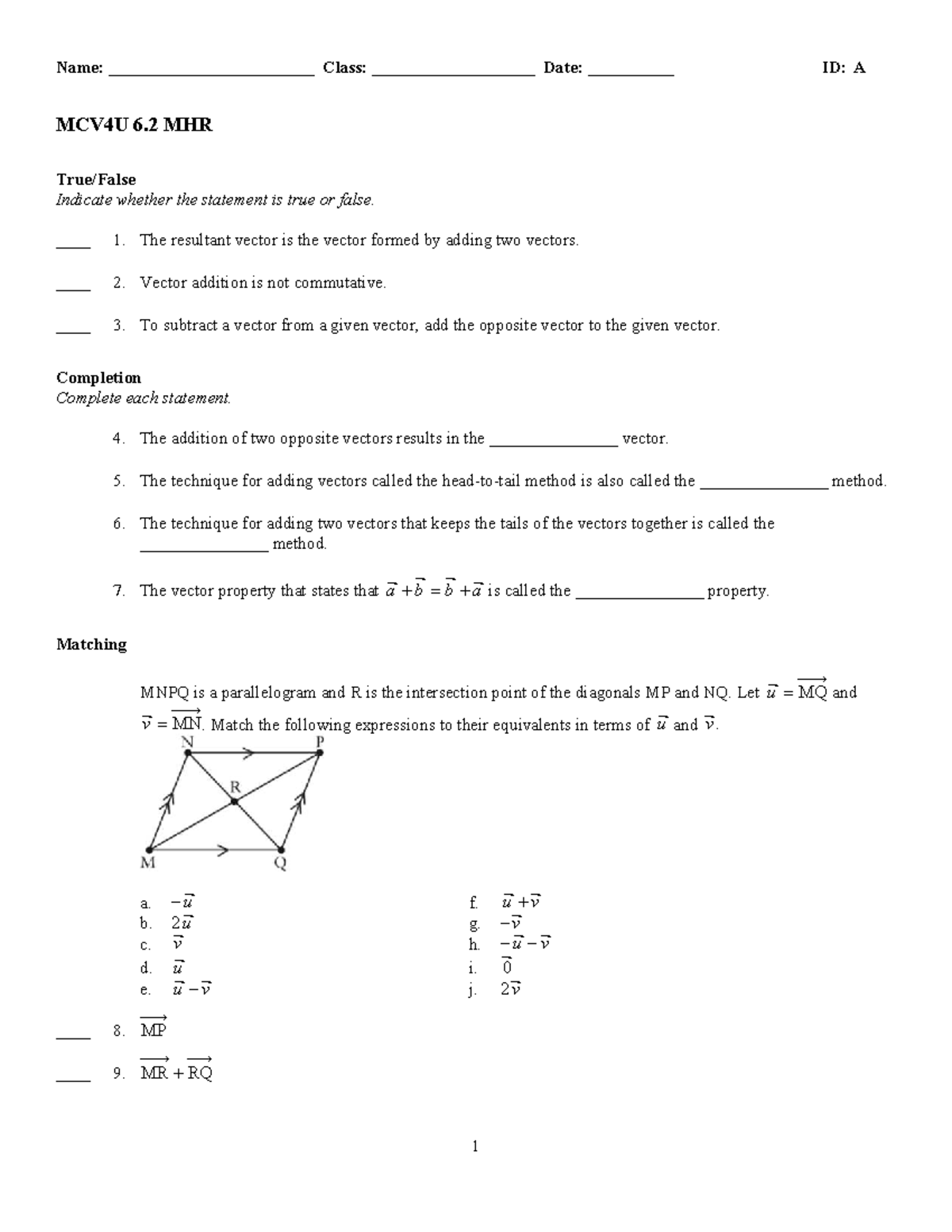 MCV4U 6.2 MHR - Vector Addition True/False & Short Answer Exercises ...