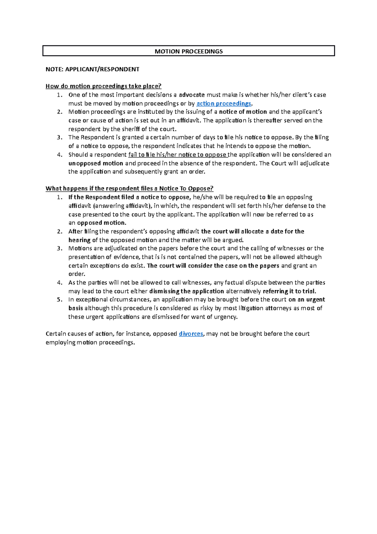 Understanding Motion & Action Proceedings: A Legal Overview - Studocu