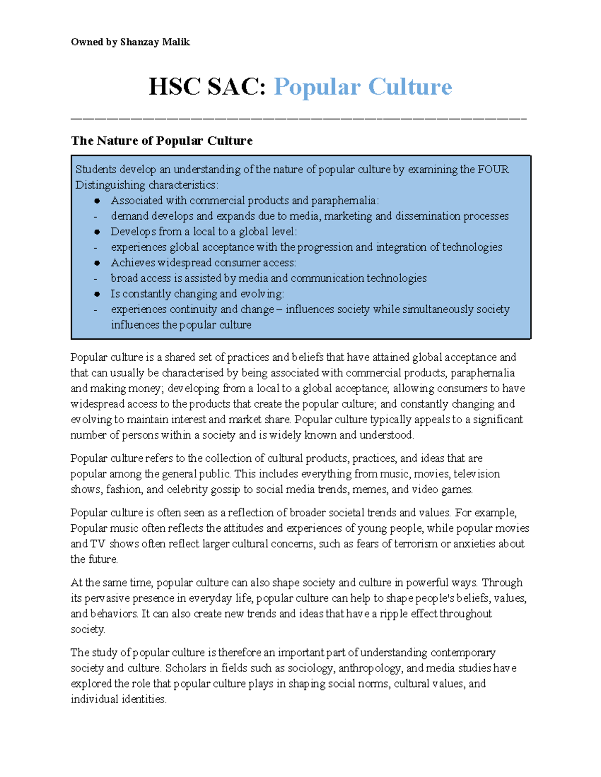 HSC SAC: Understanding the Nature of Popular Culture - Studocu