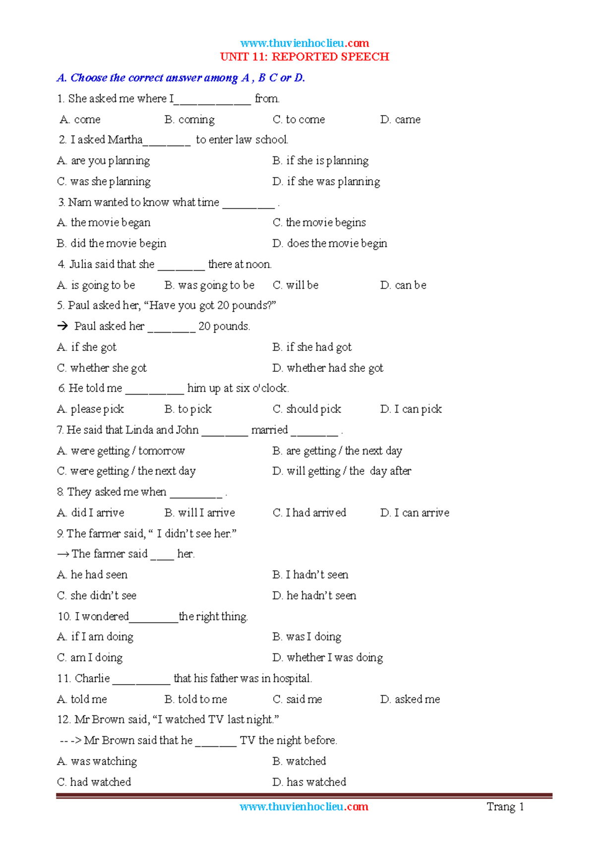 UNIT 11: REPORTED SPEECH - Multiple Choice Questions and Answers - Studocu