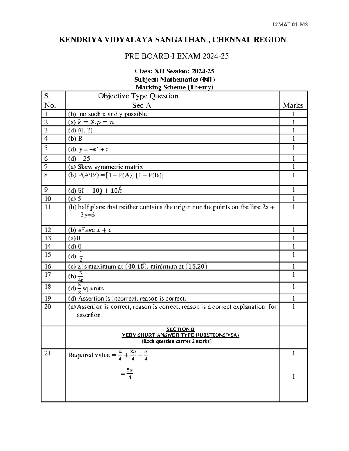 MATHS (041) XII MARKING SCHEME: Detailed Solutions and Answers - Studocu