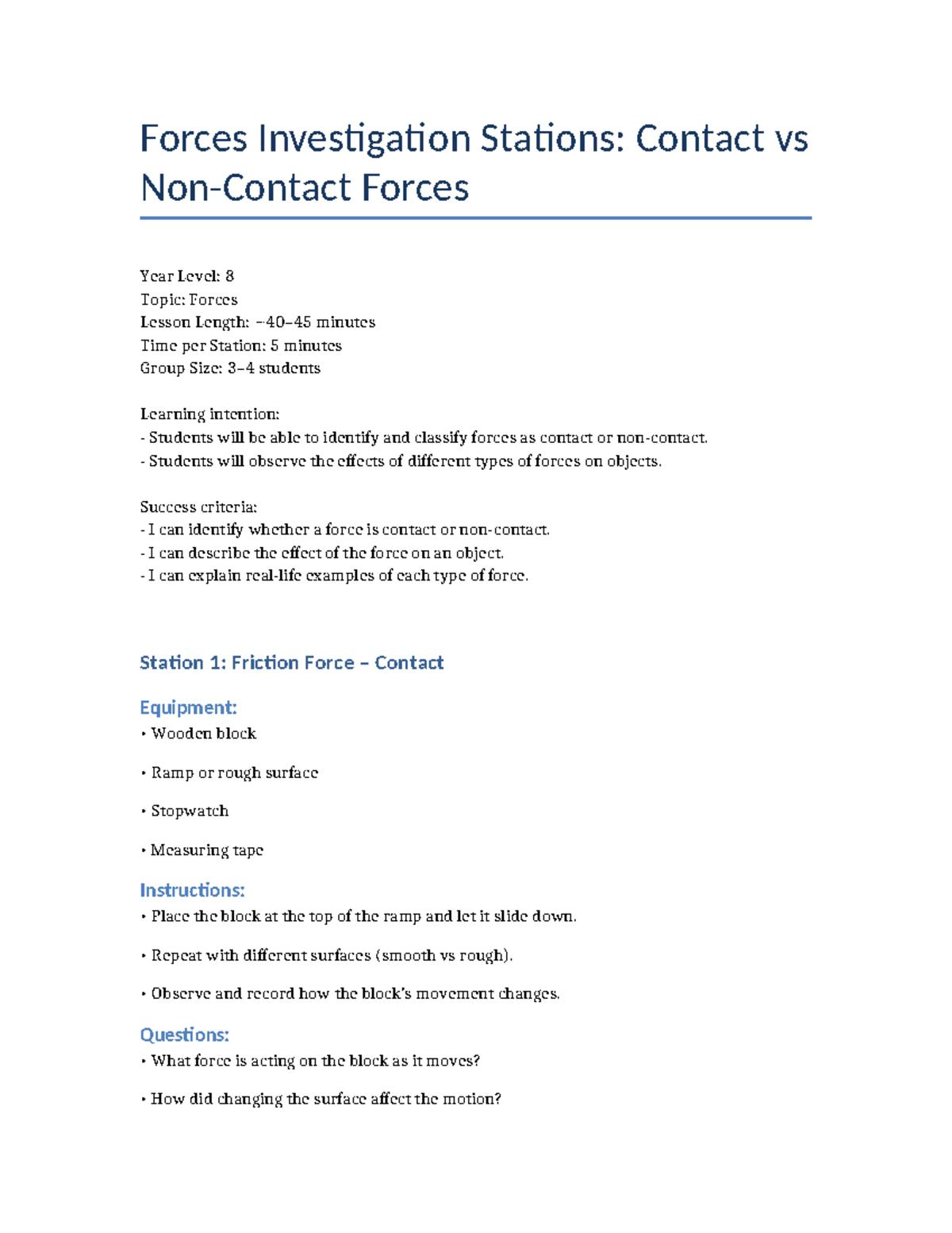 Forces Investigation Stations: Contact vs Non-Contact Forces (Year 8 ...