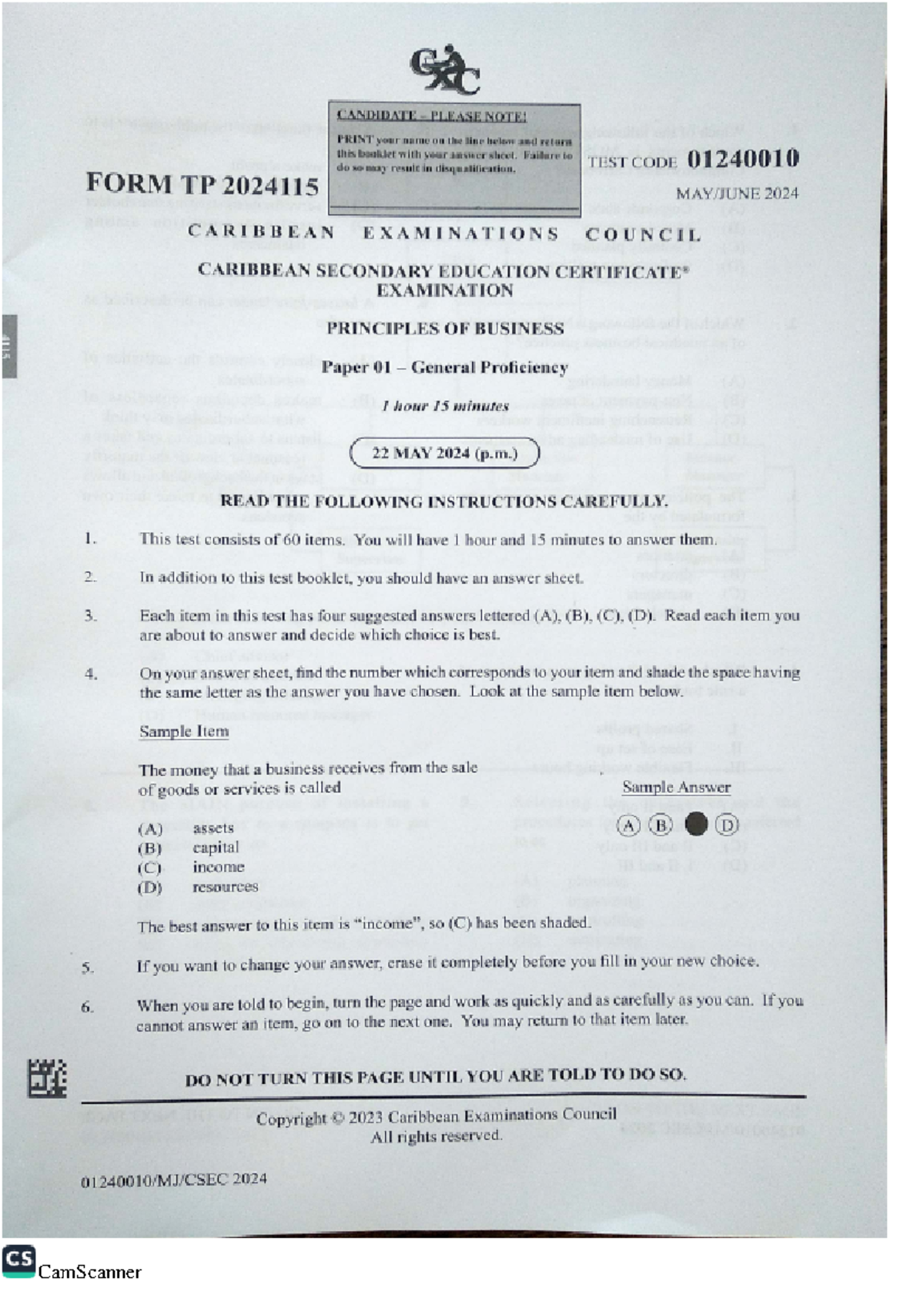 CSEC Principles of Business P1 2024 Mock Exam Instructions and ...