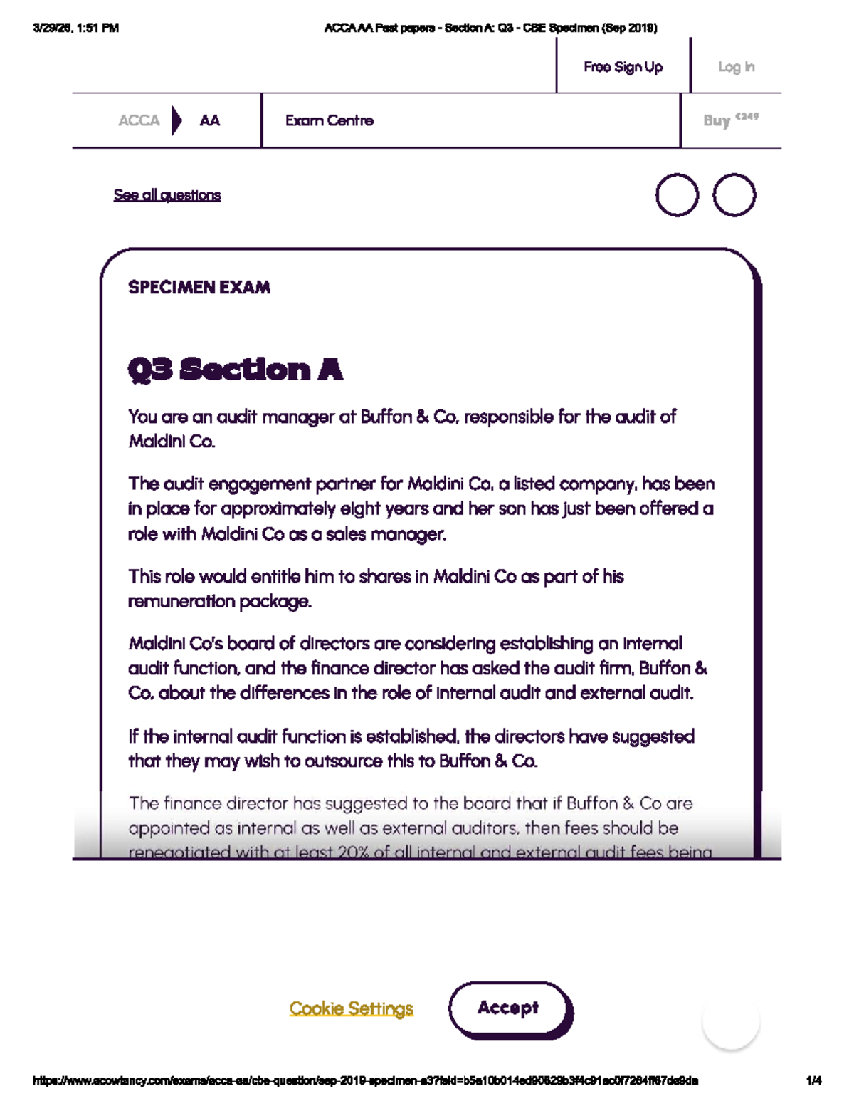 ACCA AA Specimen Exam Past Paper Section A: Q3 (Sep 2019) - Studocu