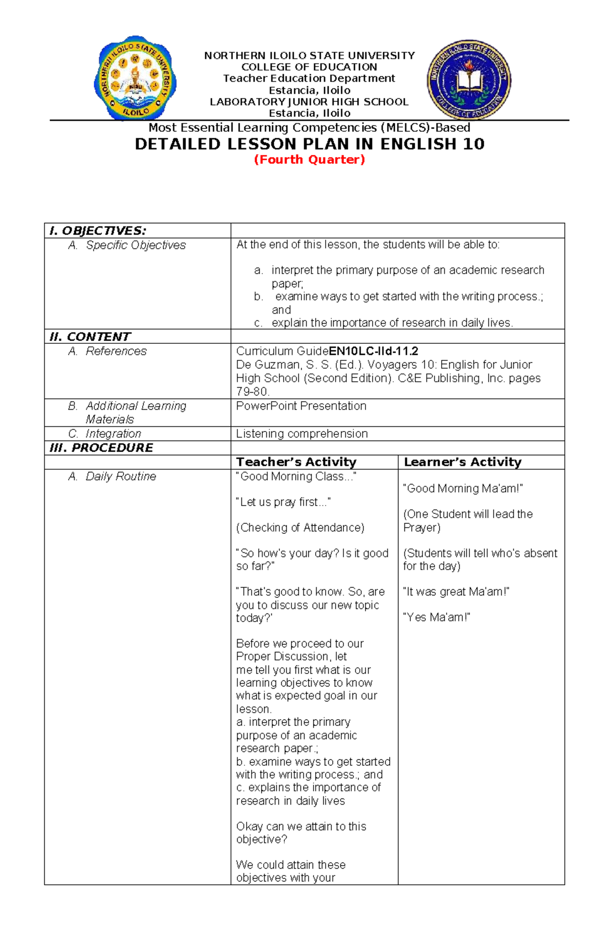 Detailed Lesson Plan in English 10: Most Essential Learning ...