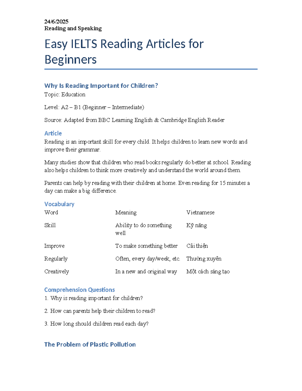 Easy IELTS Reading Articles for Beginners: A2 B1 Level Insights - Studocu