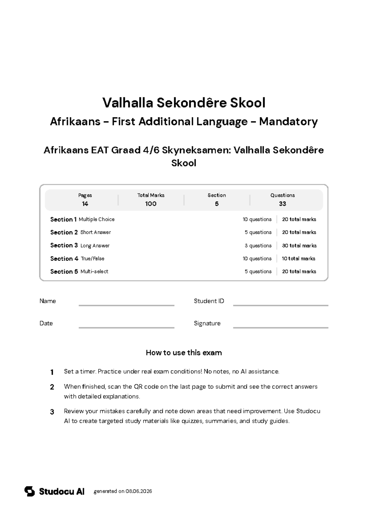 Afrikaans EAT Graad 4/6 Skyneksamen: Valhalla Sekondêre Skool - Studocu