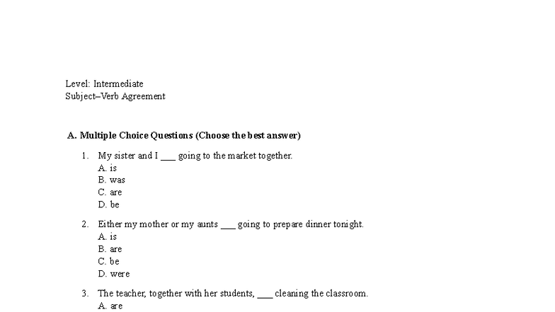 Intermediate Level: Subject-Verb Agreement MCQs - Studocu