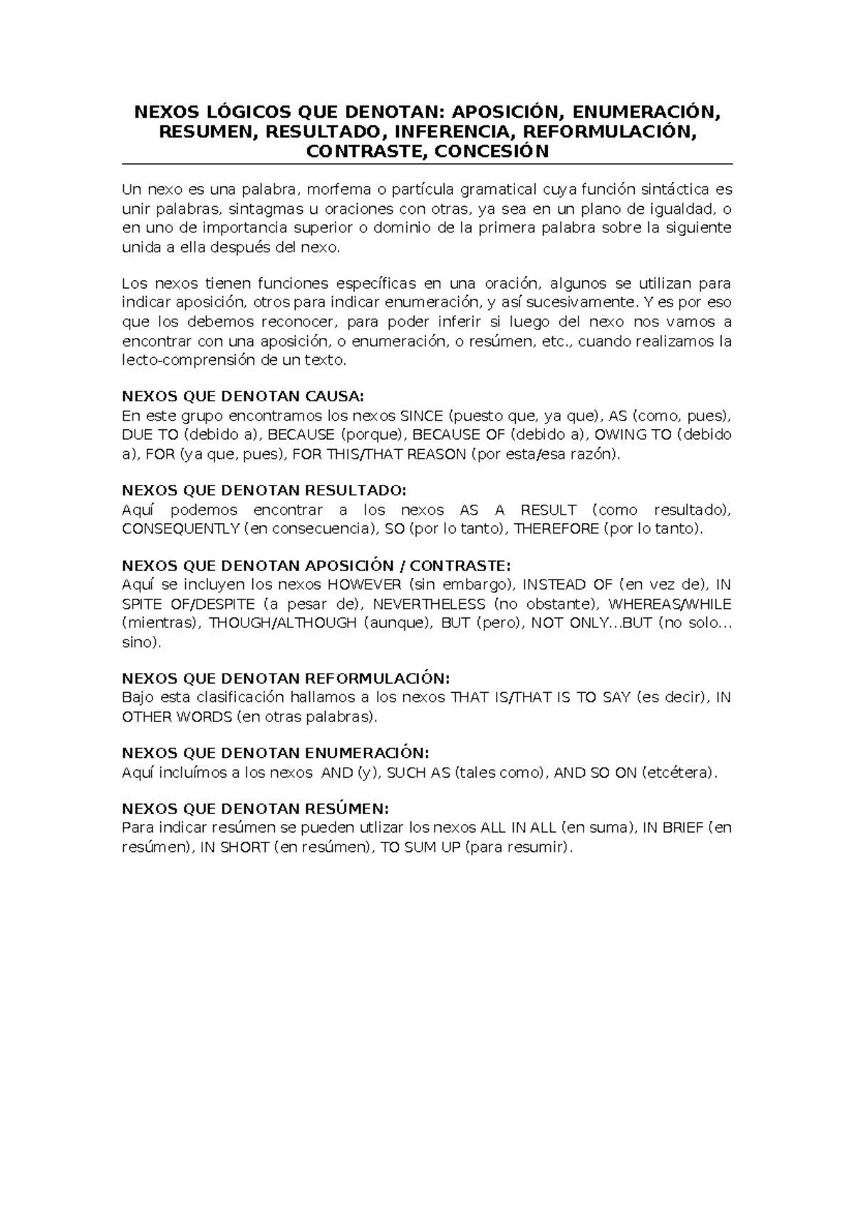 NEXOS LÓGICOS: Aposiciones, Enumeraciones y Resultados - Studocu