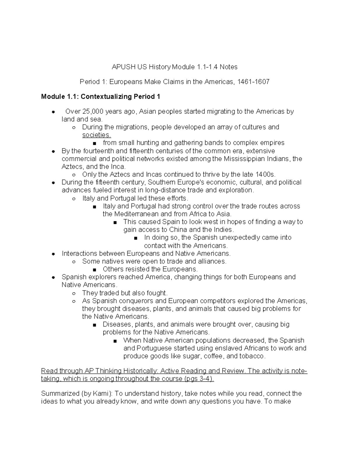 APUSH US History Module Notes: Period 1 - European Claims & Native ...